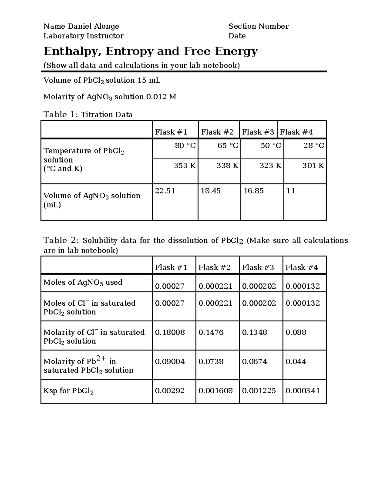 free energy submission - Name Daniel Alonge Section Number Laboratory ...