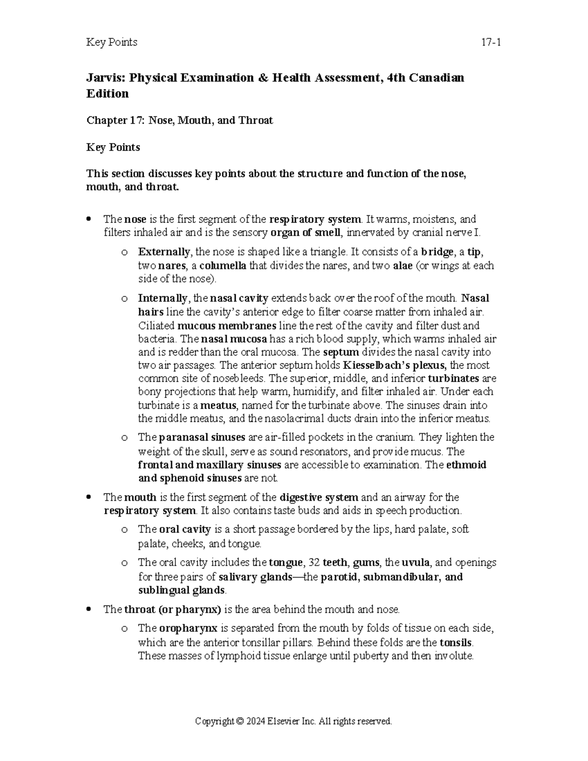 Key Points: Jarvis Health Assessment (4th Ed) - Nose, Mouth, Throat ...