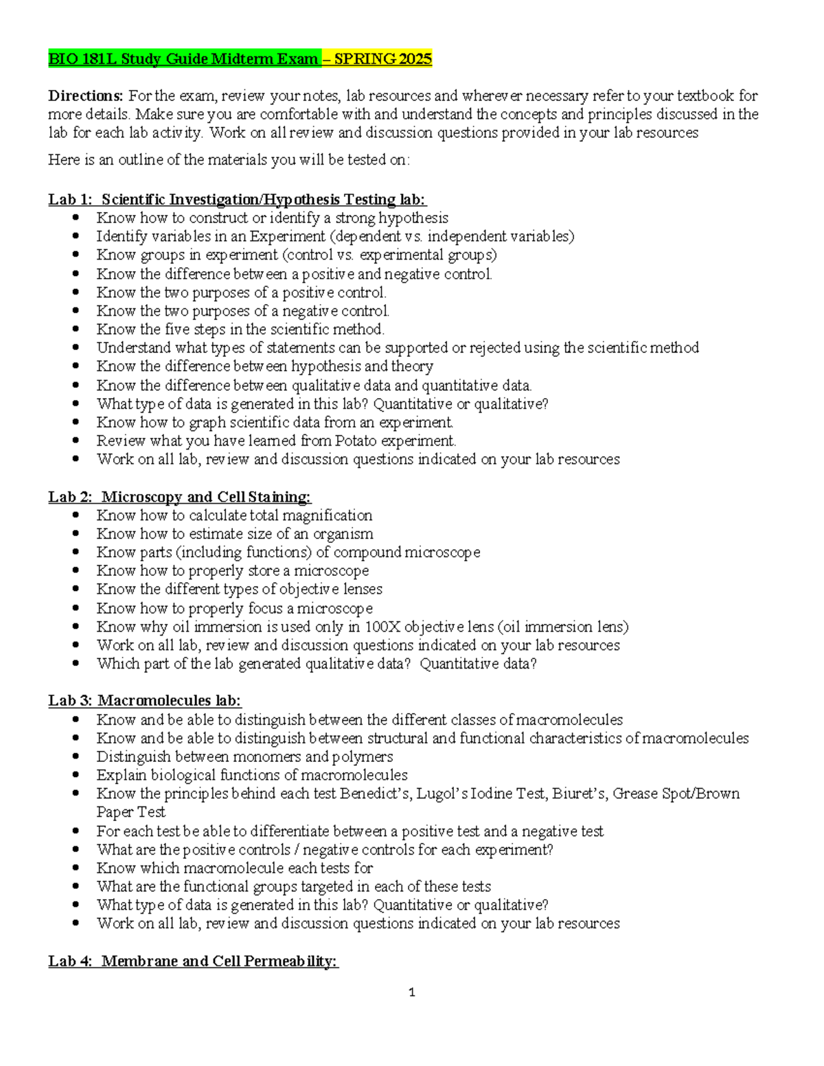 BIO 181L Midterm Exam Study Guide - Spring 2025 - Studocu