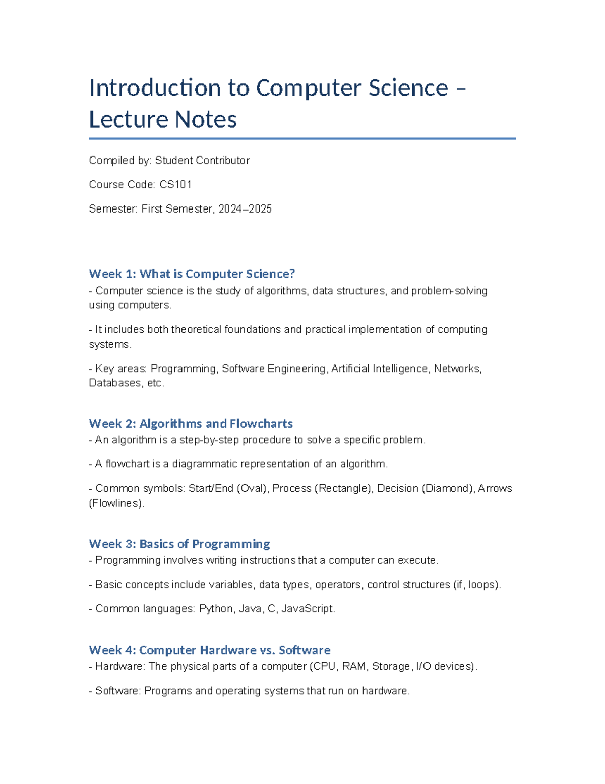 CS101: Intro to Computer Science Lecture Notes - Week 1 to 4 - Studocu