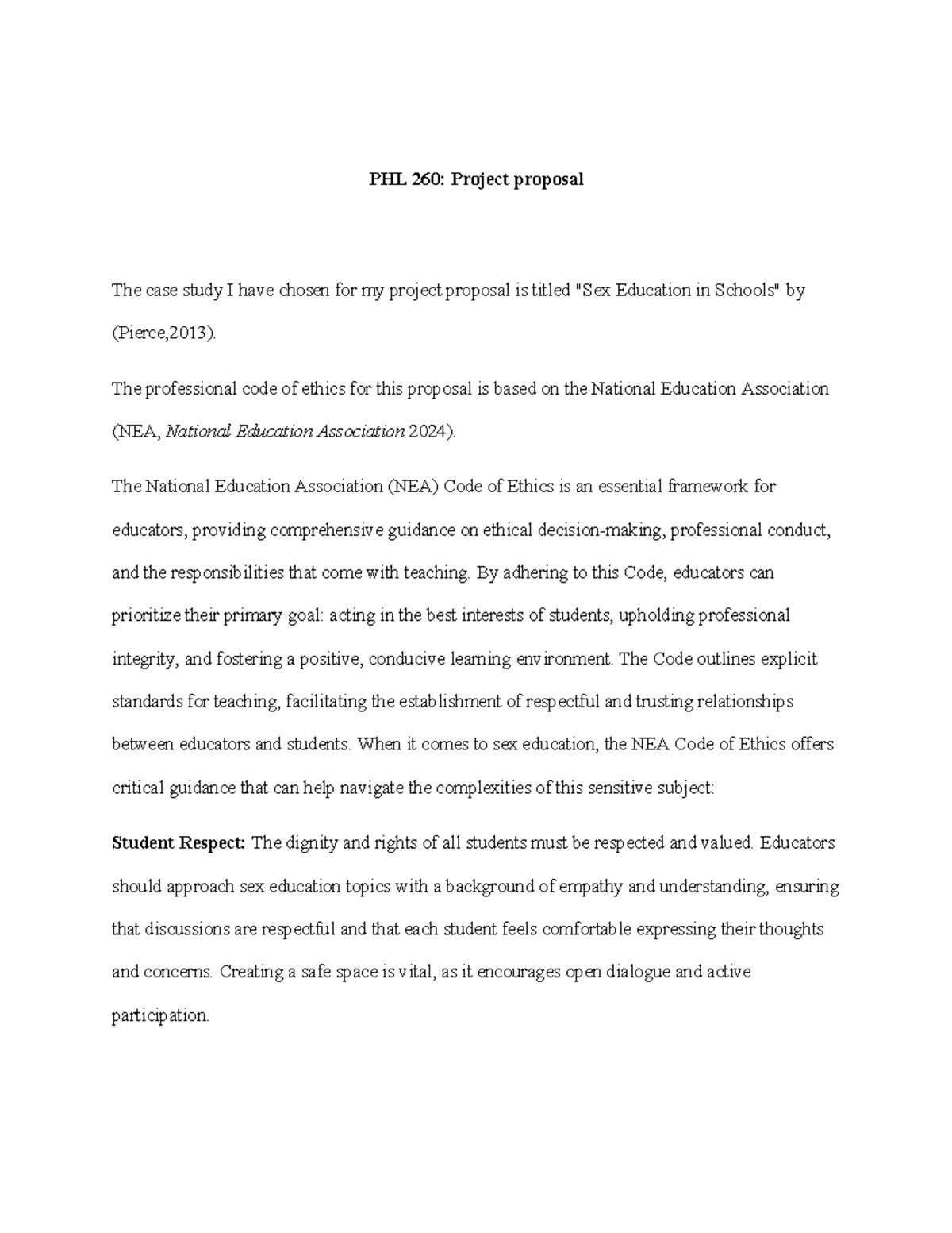 PHL 260: Project Proposal on NEA Code of Ethics in Education - Studocu