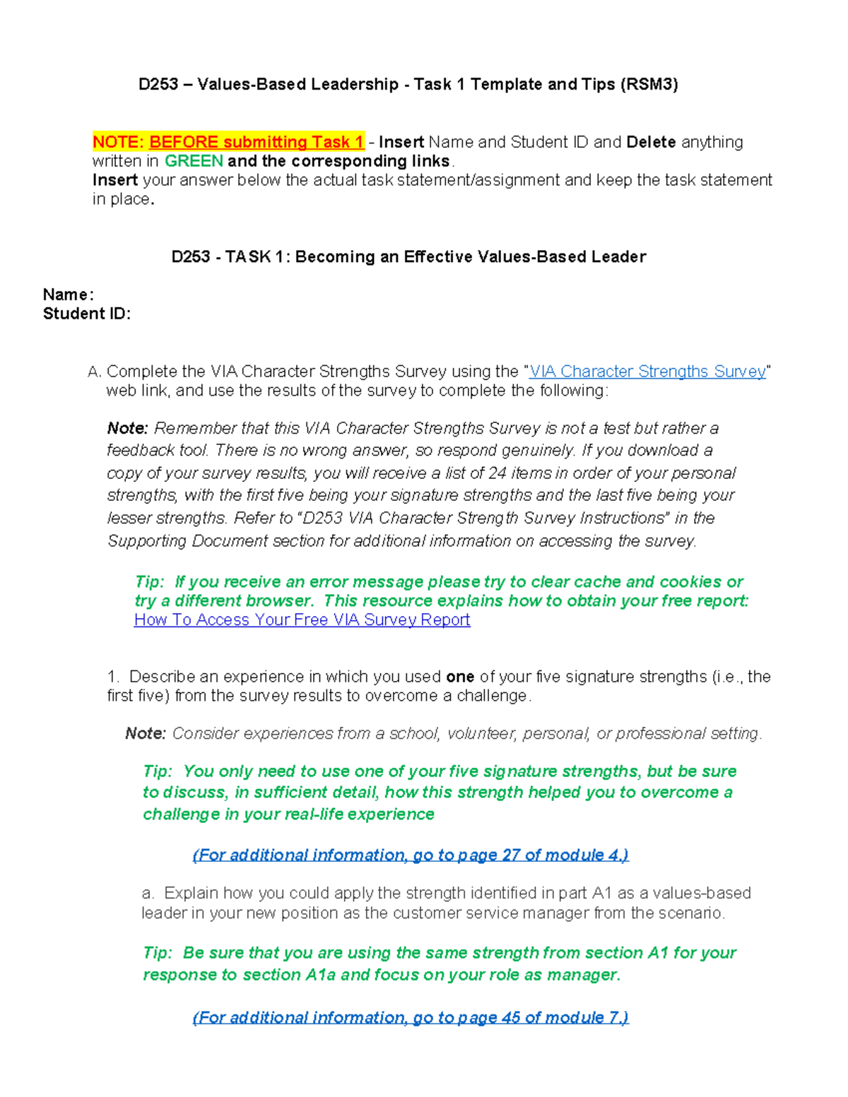 D253 Task 1 Template & Tips for Values-Based Leadership (RSM3) - Studocu