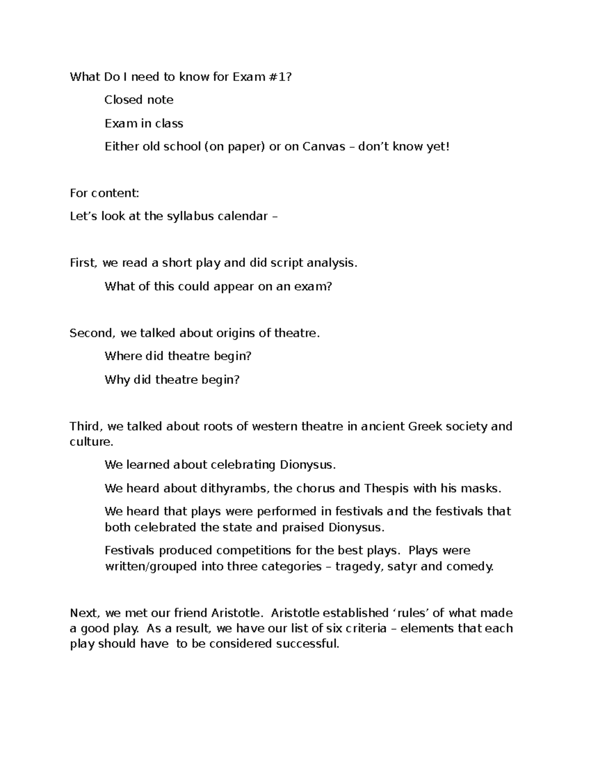 Exam #1 Review: Key Topics in Theatre Origins & Script Analysis - Studocu
