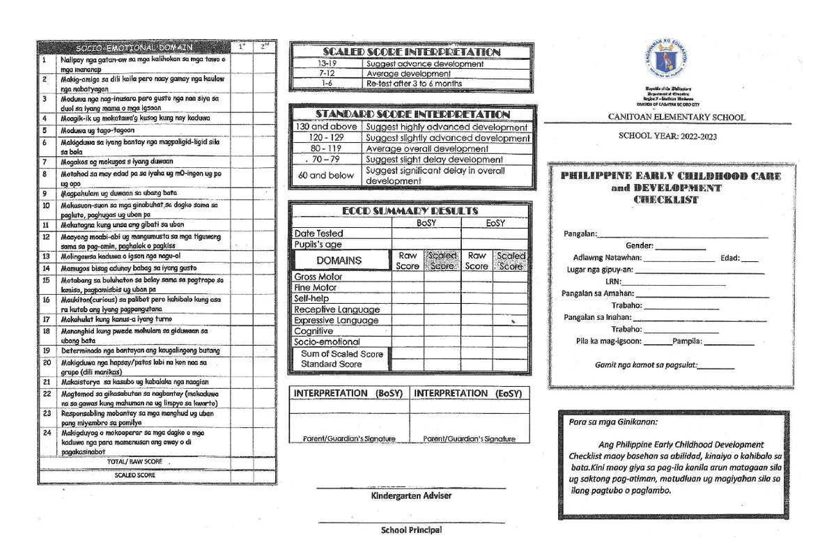 ECCD 2022-2023: Scaled Score Interpretation Checklist - Studocu