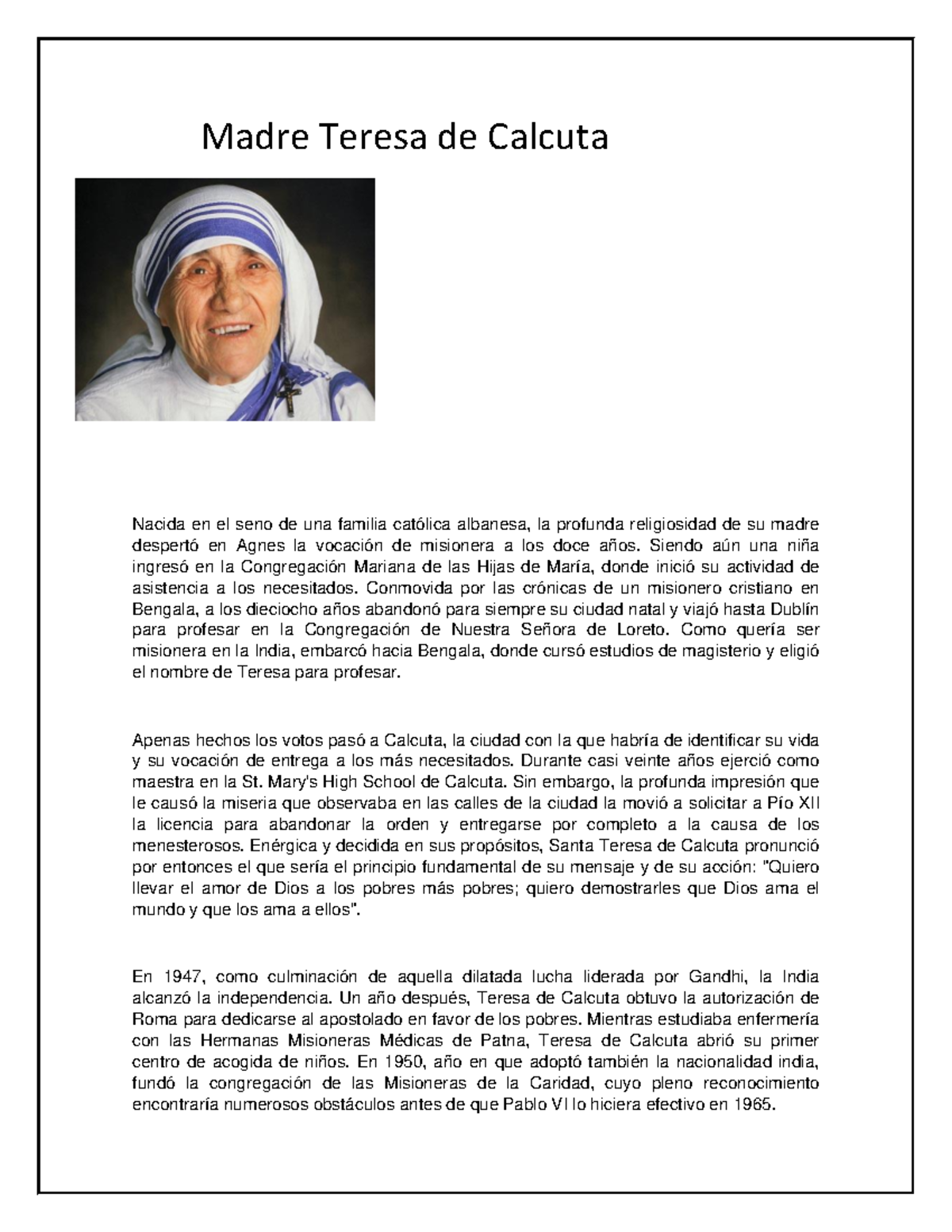 Madre Teresa de Calcuta: Vida y Legado Humanitario en la India - Studocu