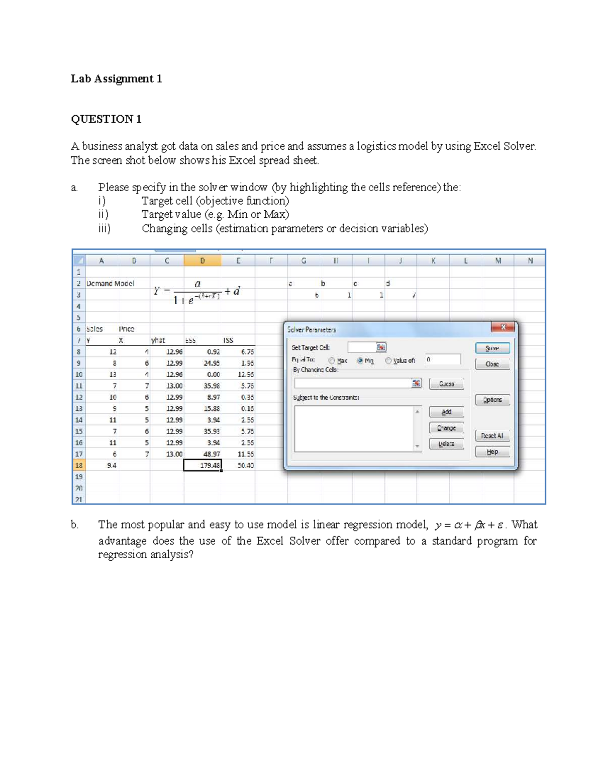 STA589 Lab Assignment 1: Excel Solver & Linear Regression Analysis ...