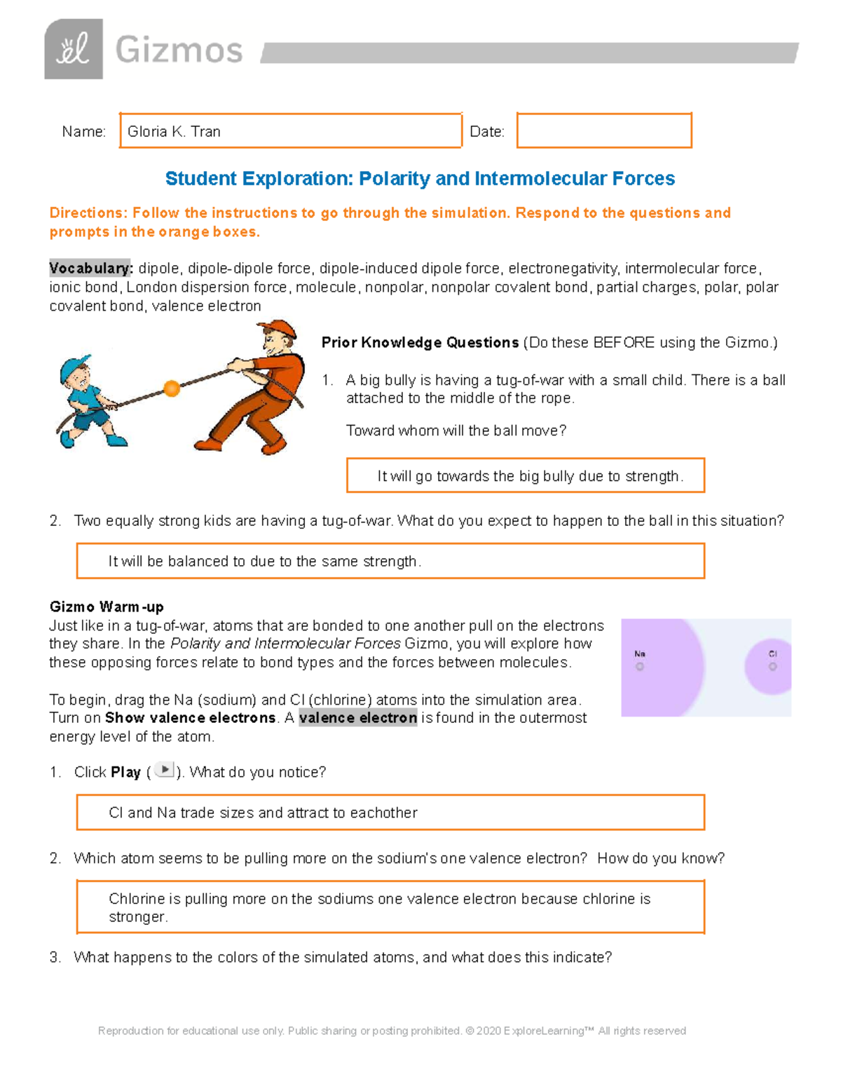 Gloria Tran - Gizmo Polarity and Intermolecular Forces - Name: Gloria K ...