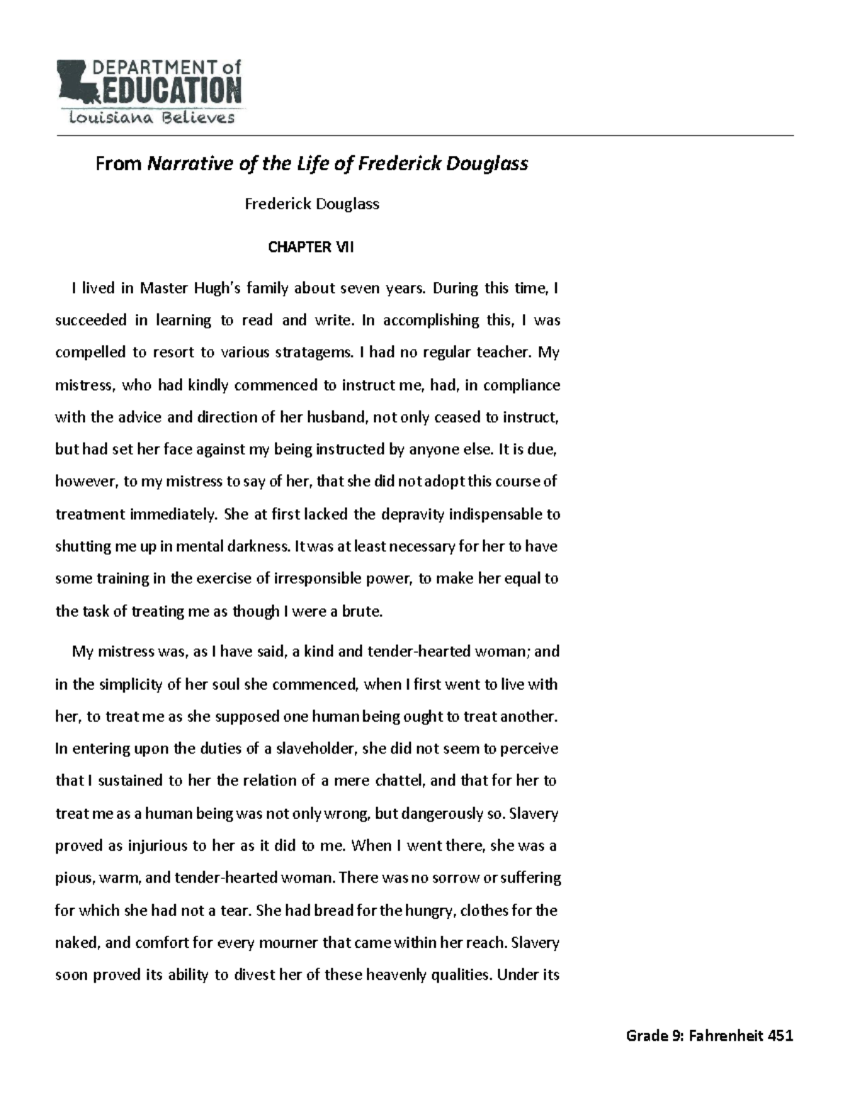 Narrative of the Life of Frederick Douglass: Chapter VII Excerpt - Studocu