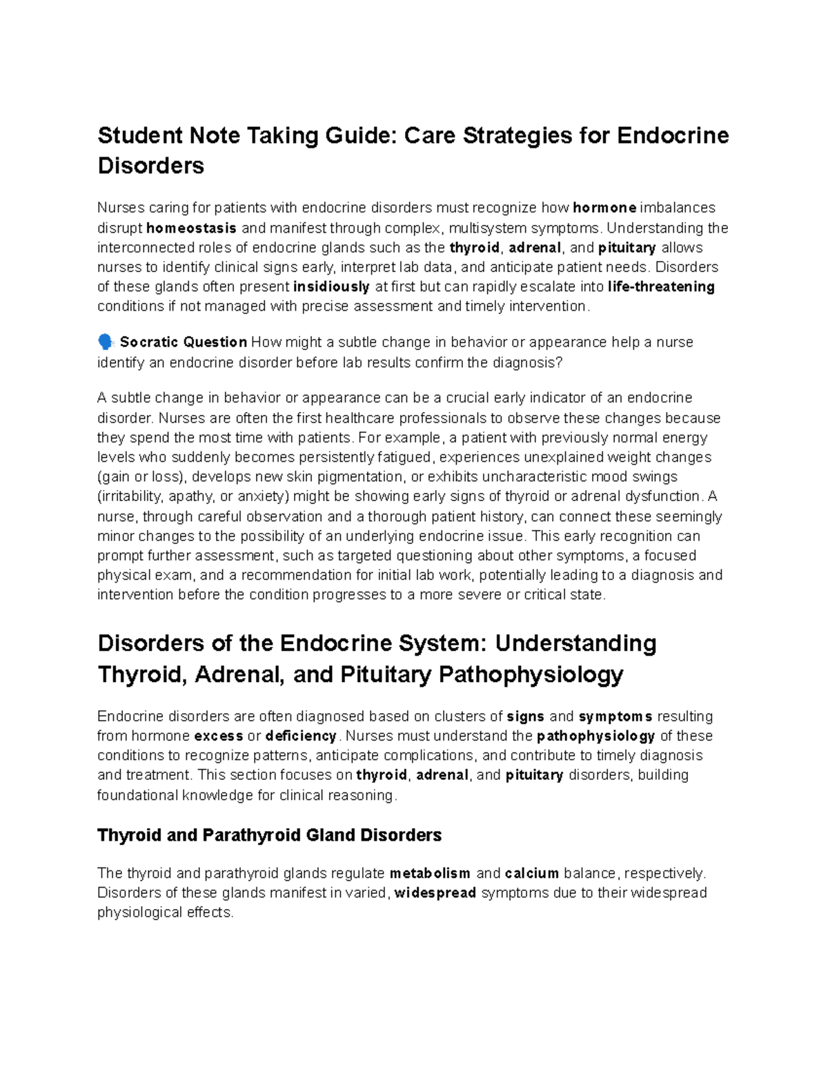 Module 9: Student Note Taking Guide on Endocrine Disorders for Nurses ...
