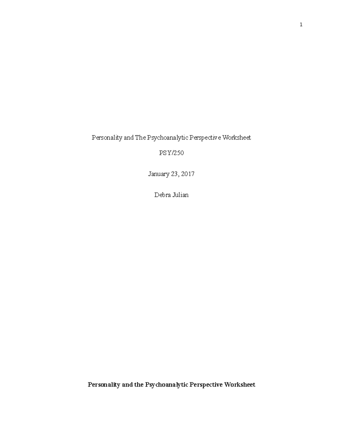 Personality and the Psychoanalytic Perspective Worksheet - How would ...