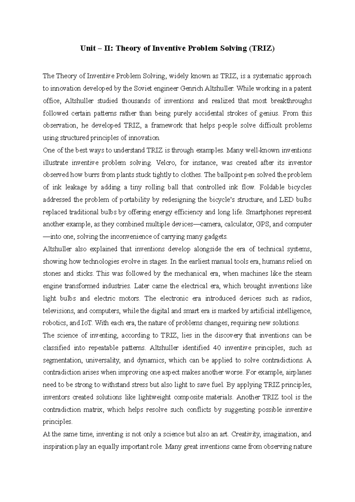 Unit II: Theory of Inventive Problem Solving (TRIZ) Overview - Studocu