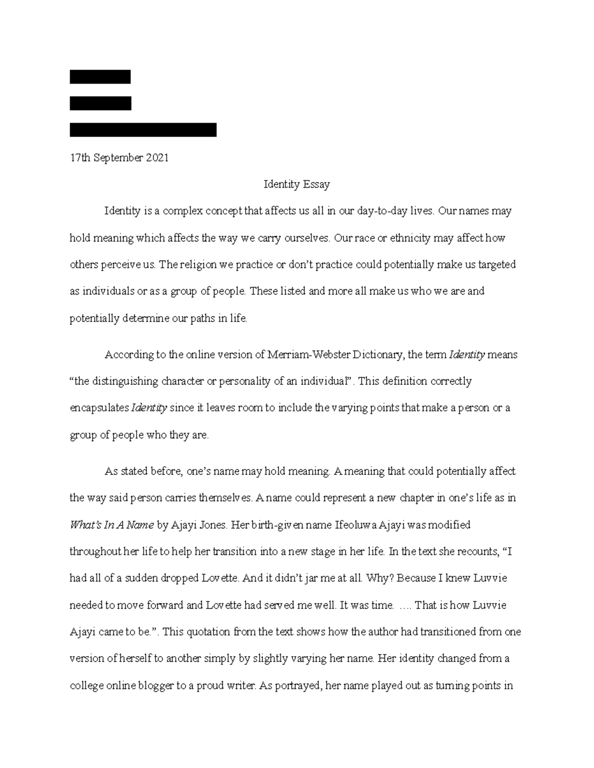 AP Lang & Comp: Identity Essay Exploring Personal Significance - Studocu