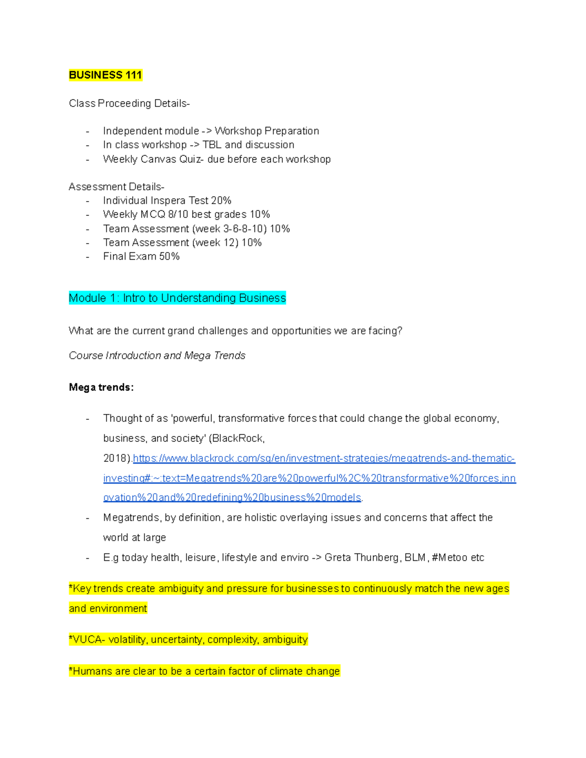 BUS111 Business 111 Module Workshop and Assessment Notes - Studocu