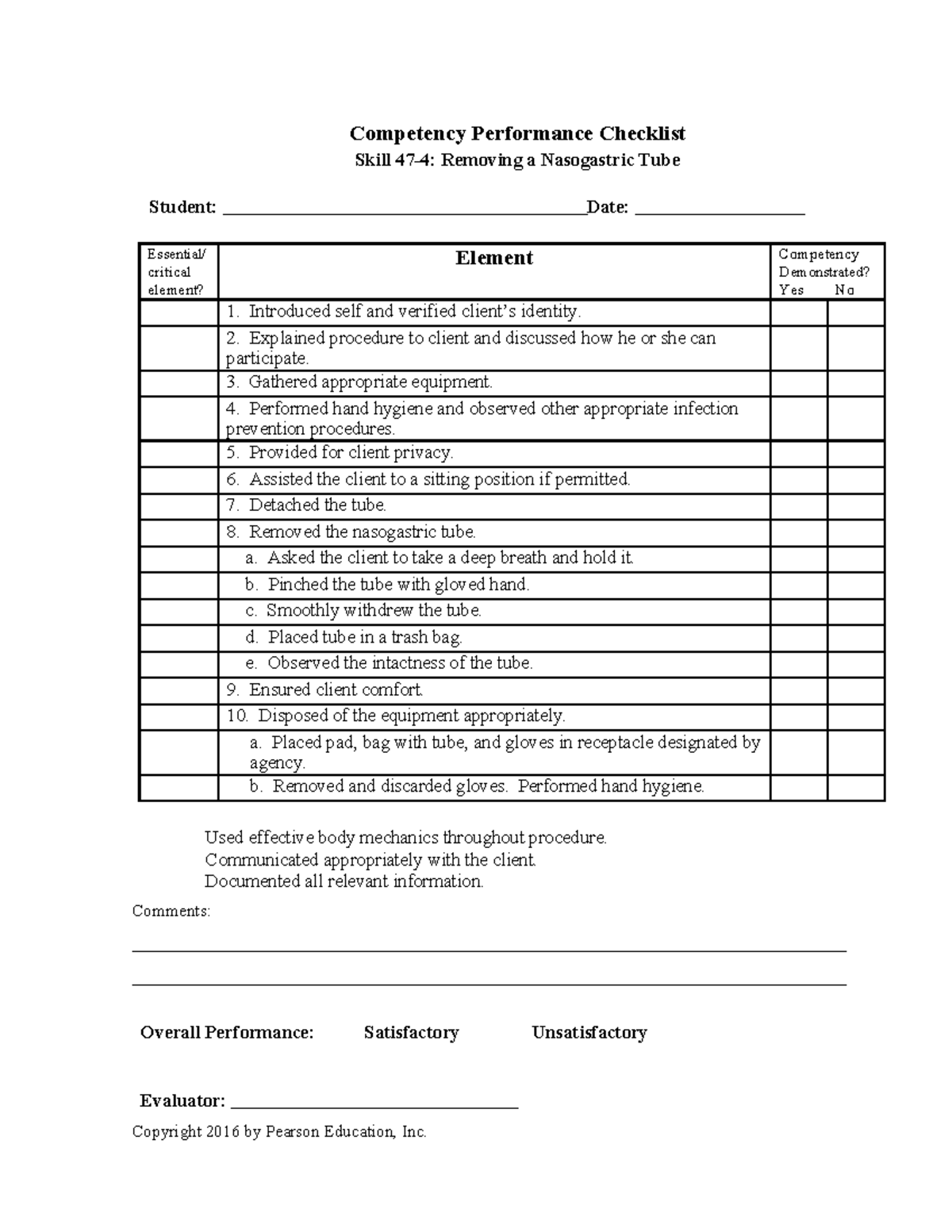 Berman 10e Skill 47-04: Competency Checklist for Nasogastric Tube ...