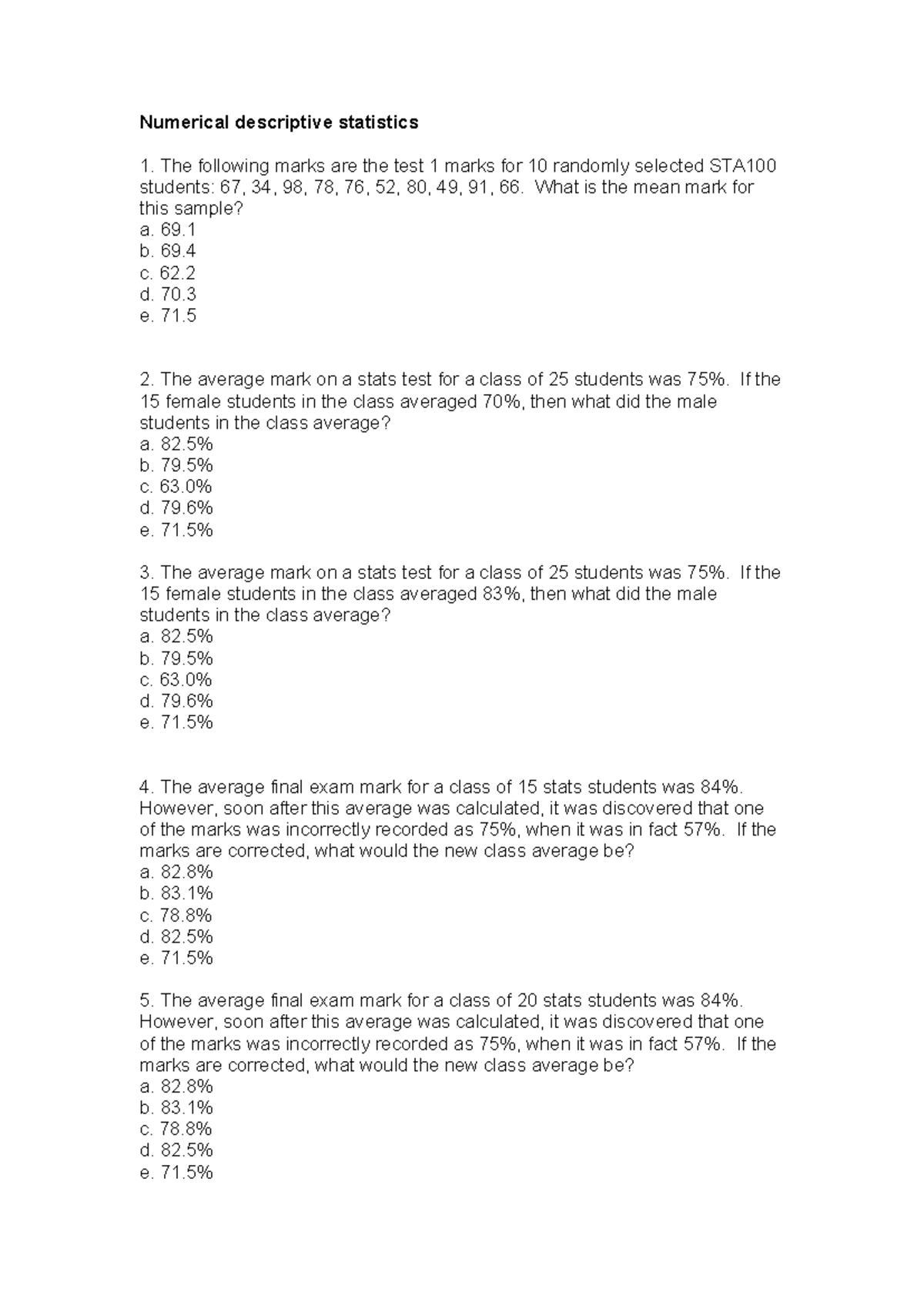 STA100 Tutorial 3 Numerical Descriptive Statistics Questions Only - Studocu