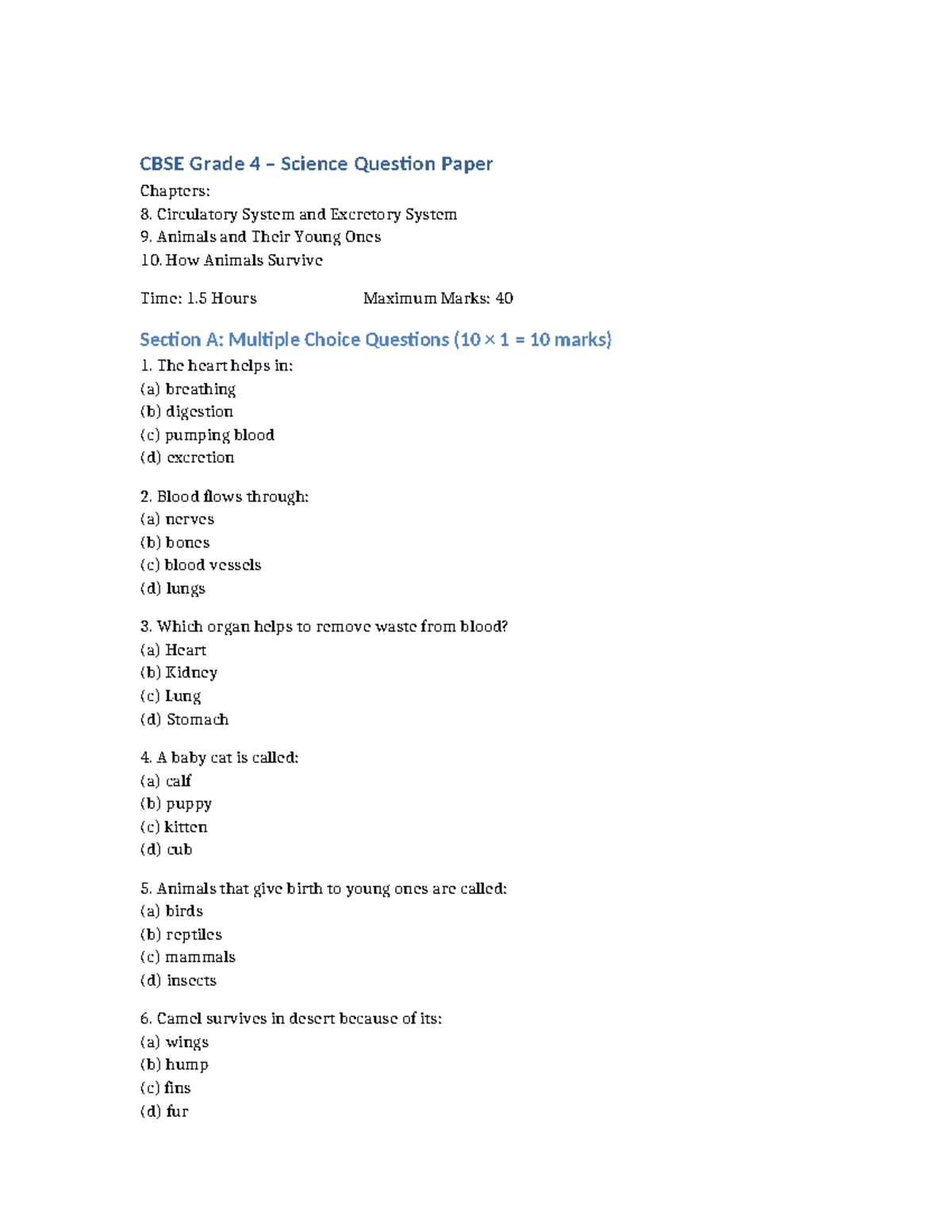 CBSE Grade 4 Science 40 Marks Question Paper on Circulatory & Excretory ...