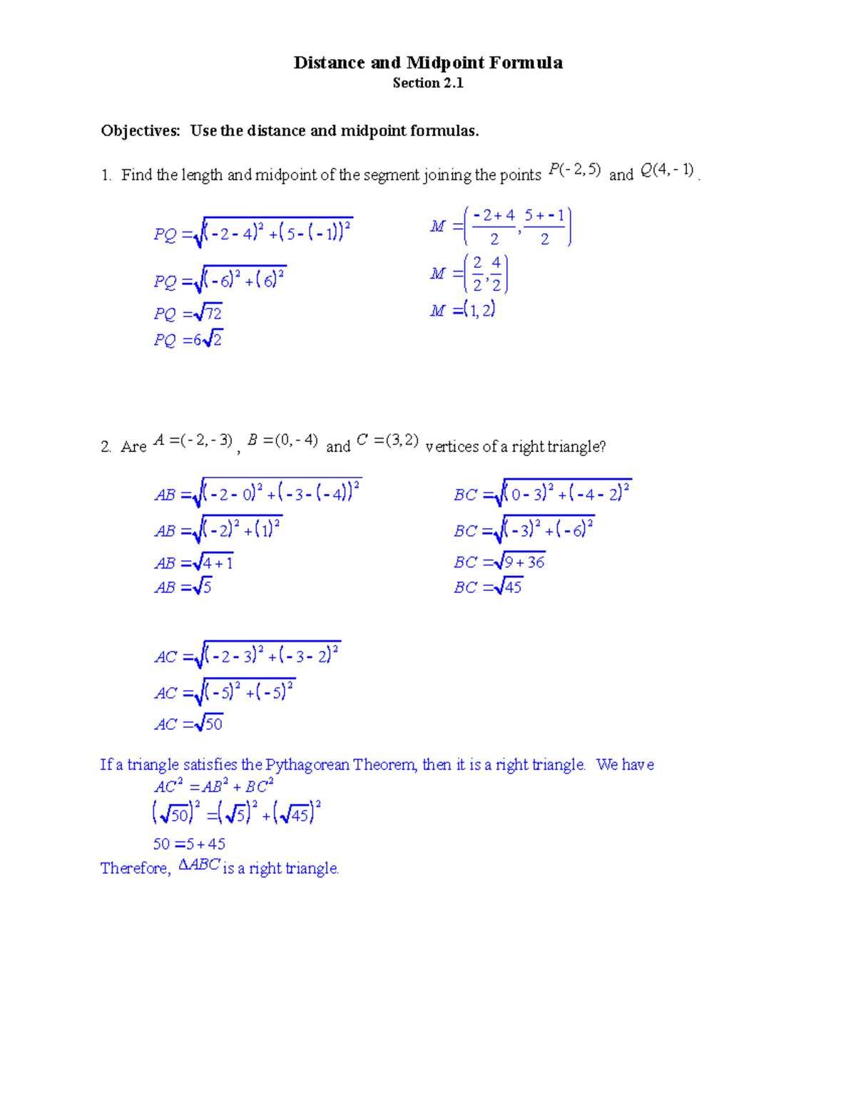 Section 2.1 - Distance and Midpoint Formula Solutions for Geometry ...