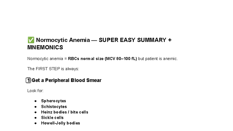 HEMA Normocytic Anemia: Easy Summary & Mnemonics Guide - Studocu