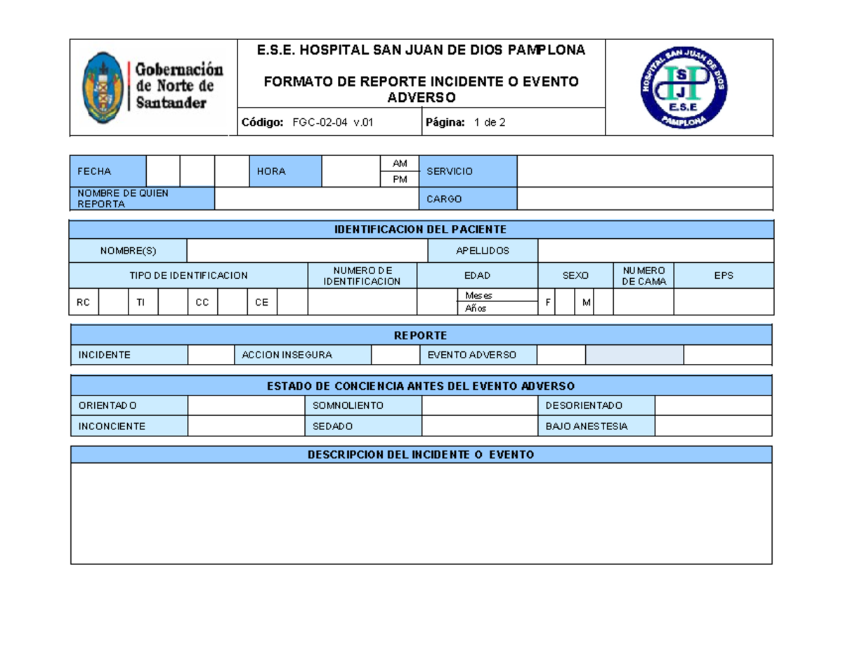 F-01 Formato Incidente Evento Adverso-1 - E.S. HOSPITAL SAN JUAN DE ...