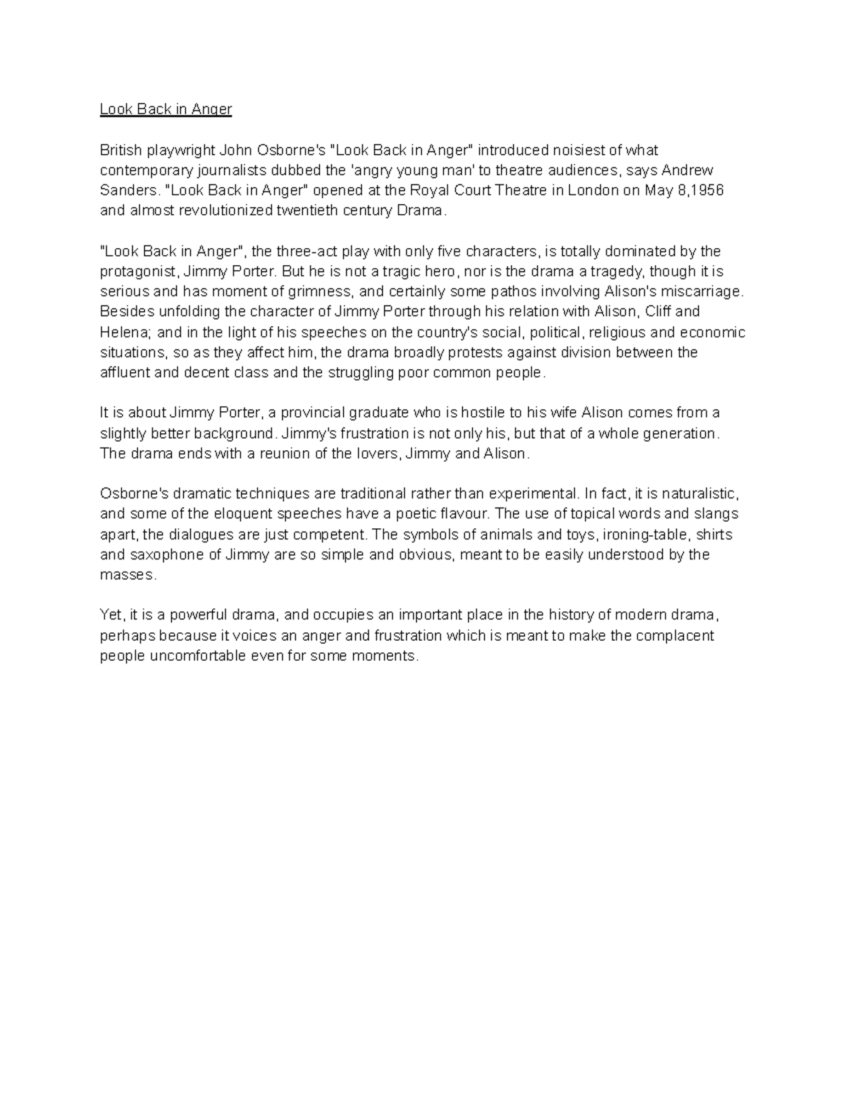 ENG 101: Essay Notes on "Look Back in Anger" by John Osborne - Studocu