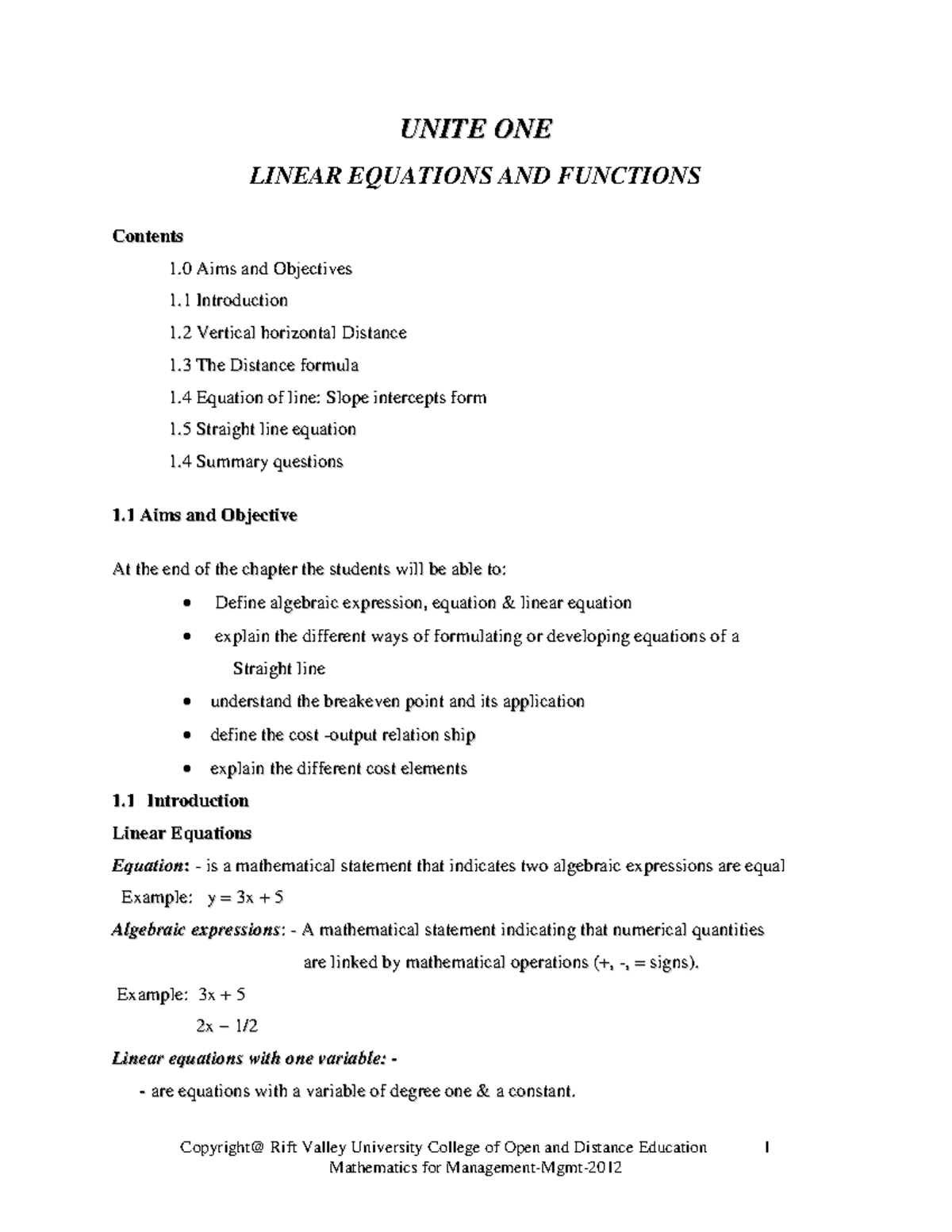 Maths for Management: Unit One - Linear Equations & Functions (SAA ...