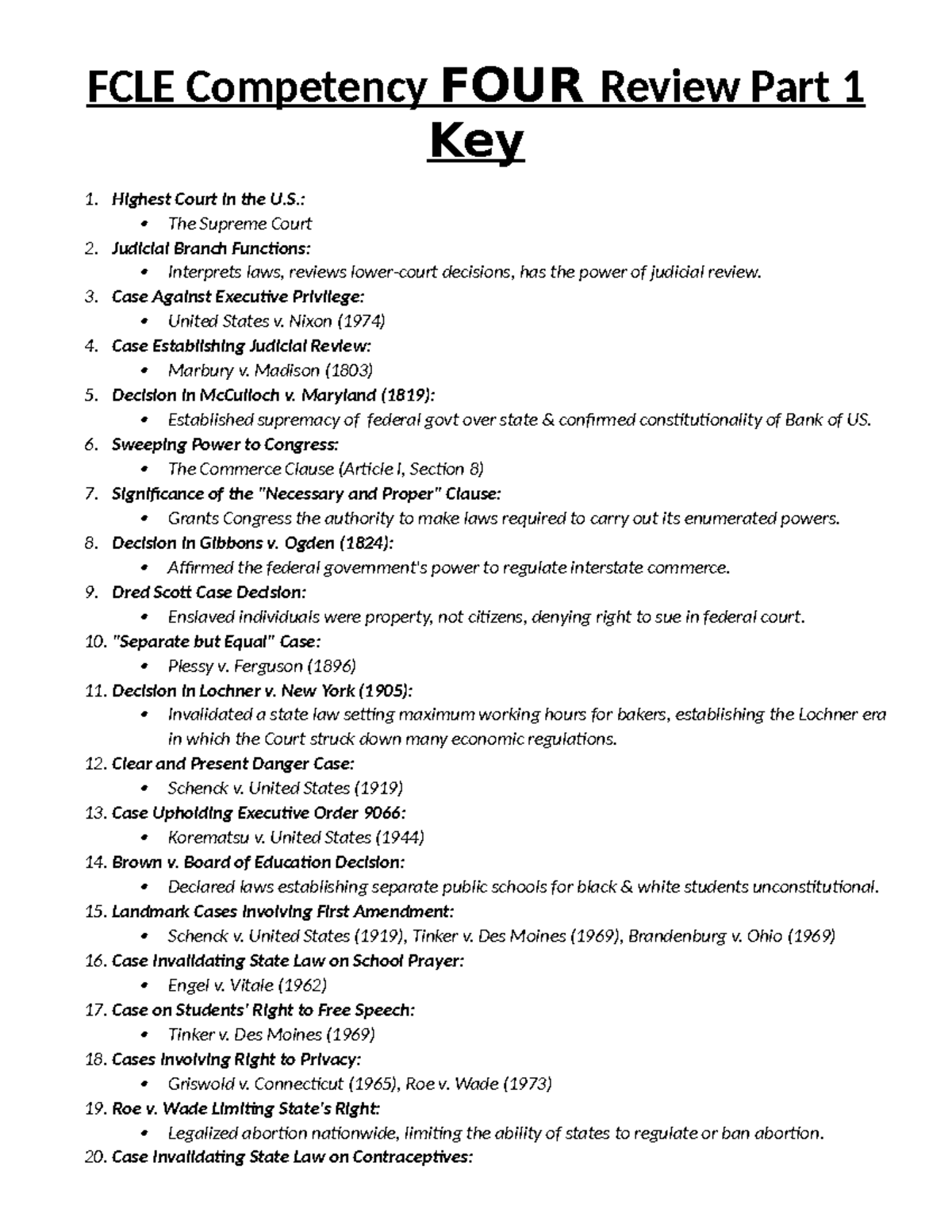 FCLE Competency 4 Review: Major Supreme Court Landmark Cases - Studocu