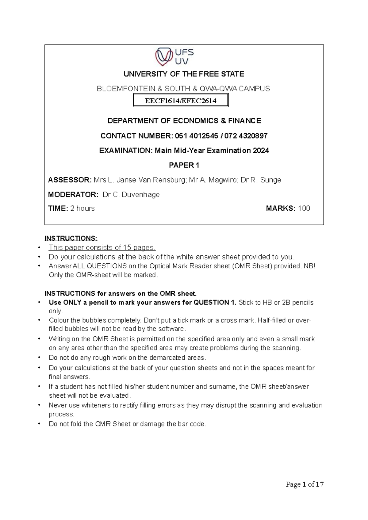 UFS ECO 2024 Main Exam Paper 1 Memo - Studocu