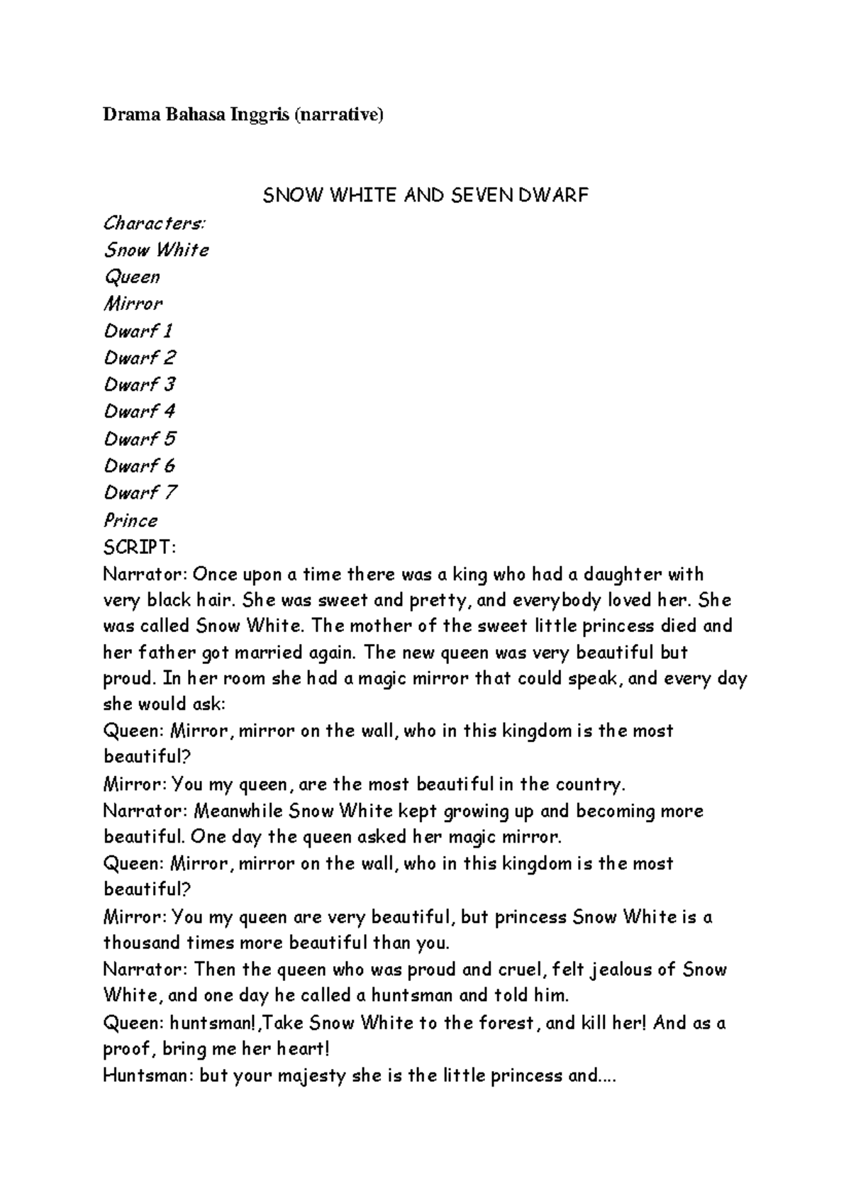 Drama Bahasa Inggris: Snow White and the Seven Dwarfs Script - Studocu