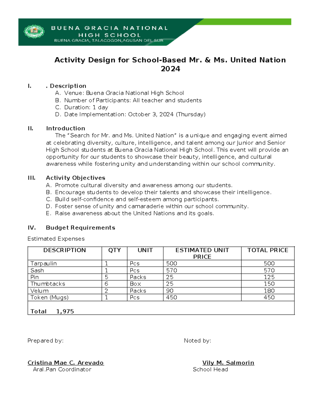 Activity Design UN - Activity Design for School-Based Mr. & Ms. United ...