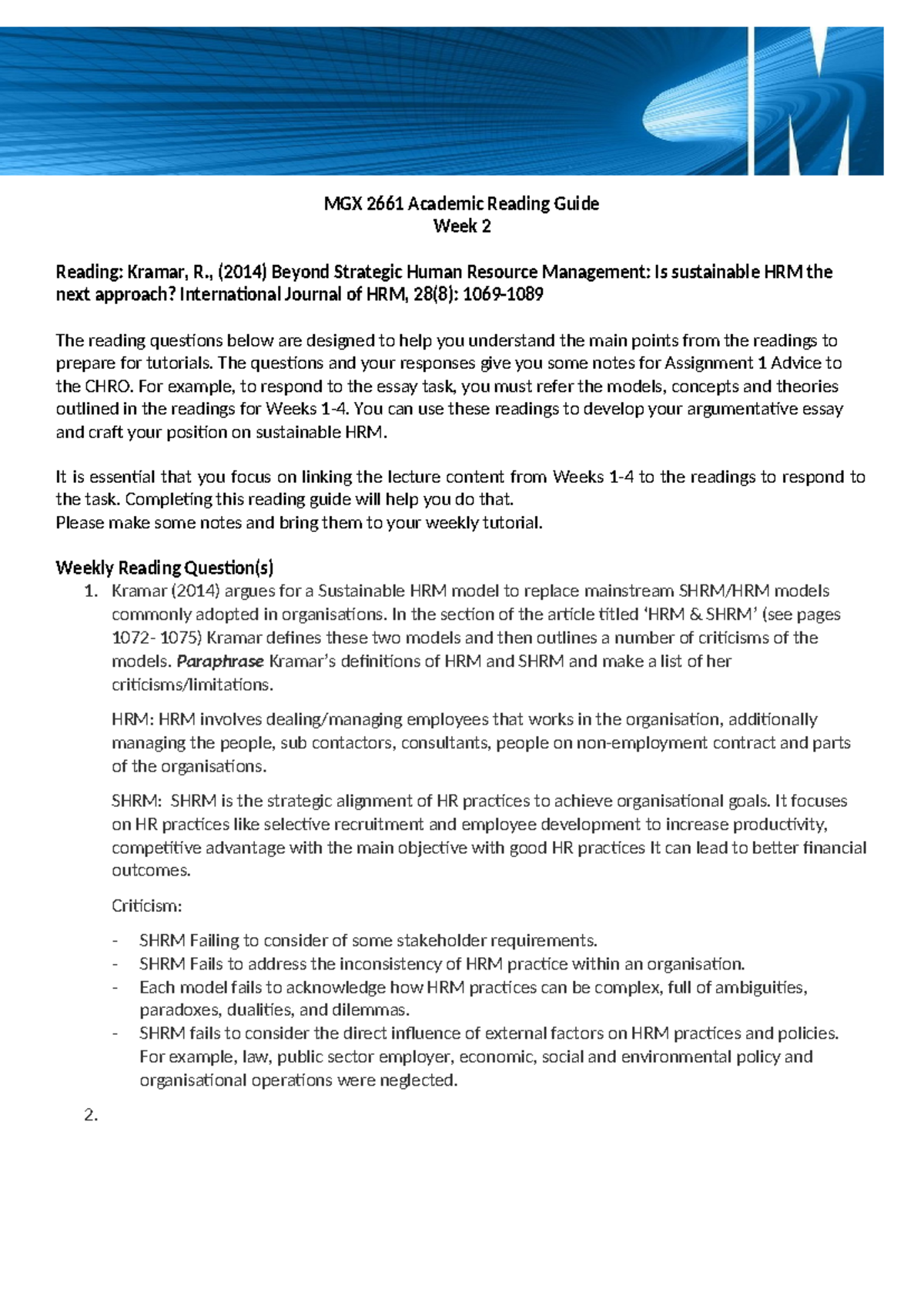 MGX 2661 Week 2 Reading Guide: Kramar on Sustainable HRM - Studocu