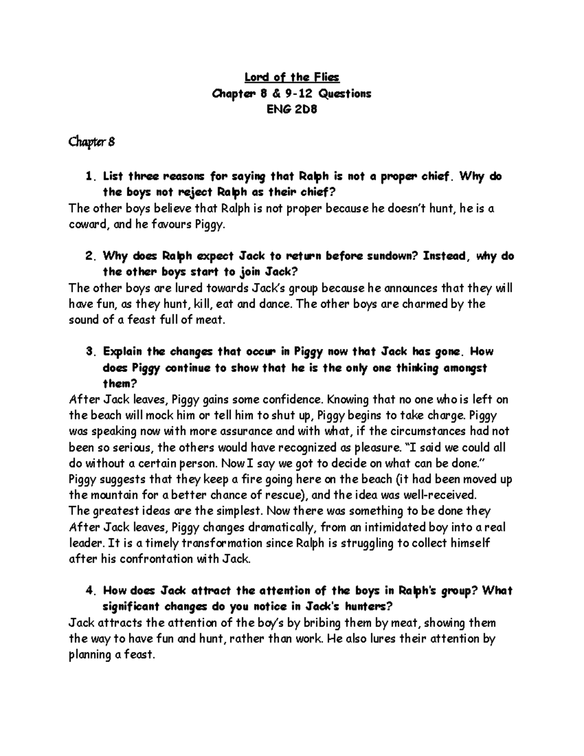Lord Of The Flies Jack Questions