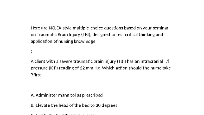 Traumatic Brain Injury (TBI) Exam Questions and Answers - Studocu