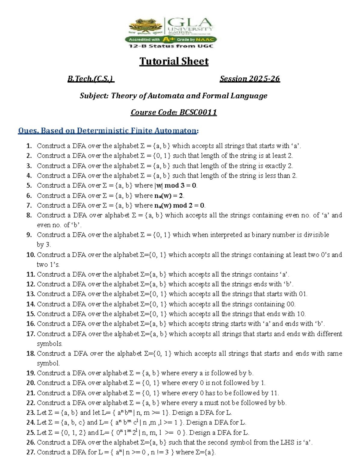 Tutorial Sheet BCSC0011: Theory of Automata & Formal Language - Studocu