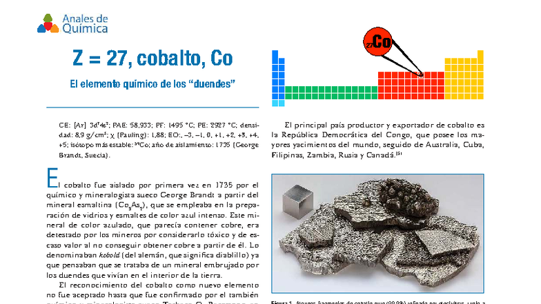 Co 27 Z 27: Cobalto - El Elemento Químico y Sus Usos - Studocu