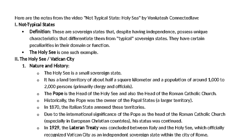 Holy See: Unique Characteristics in Public International Law - Studocu