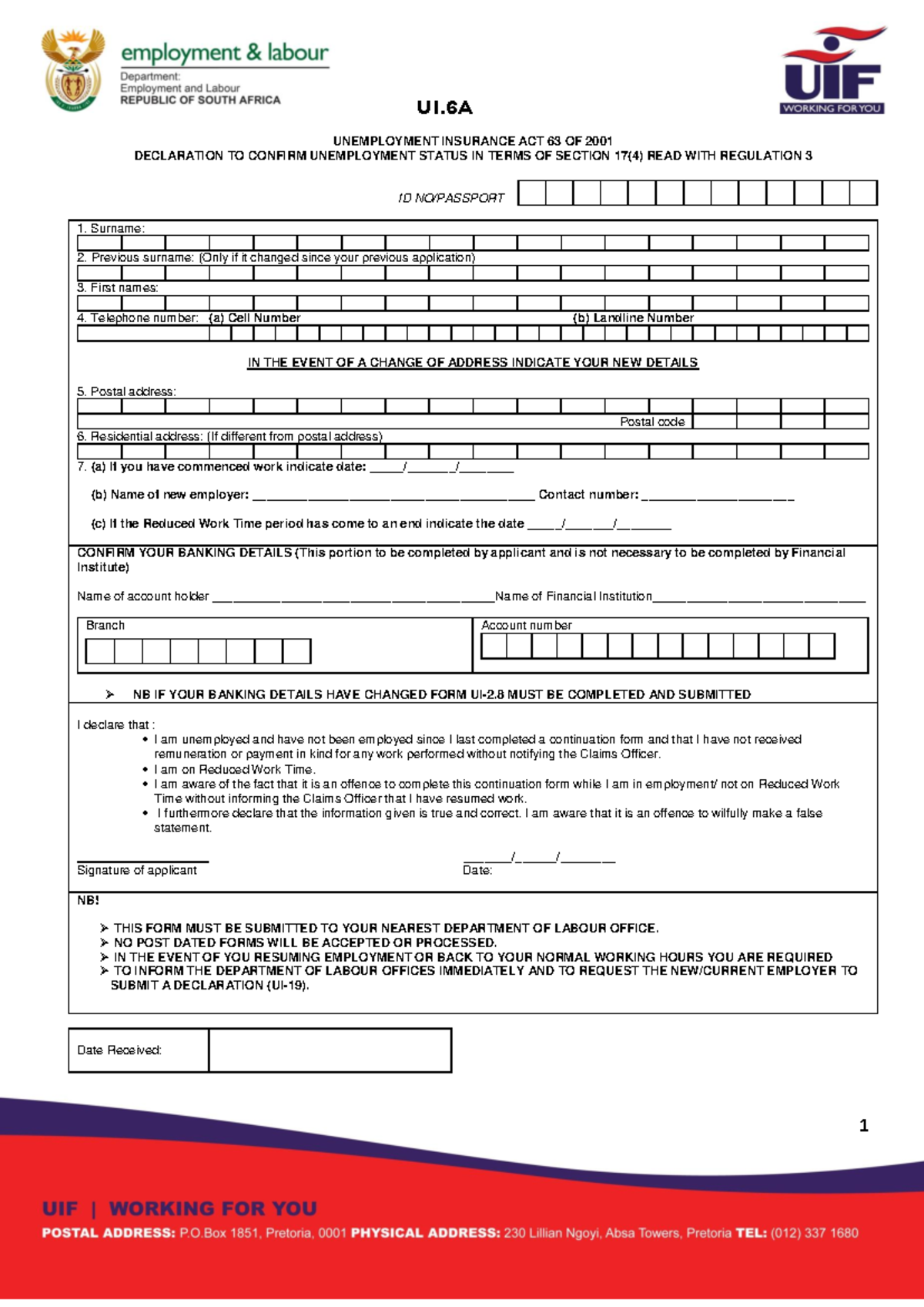 UI-6A Unemployment Status Confirmation Form - Act 63 of 2001 - Studocu