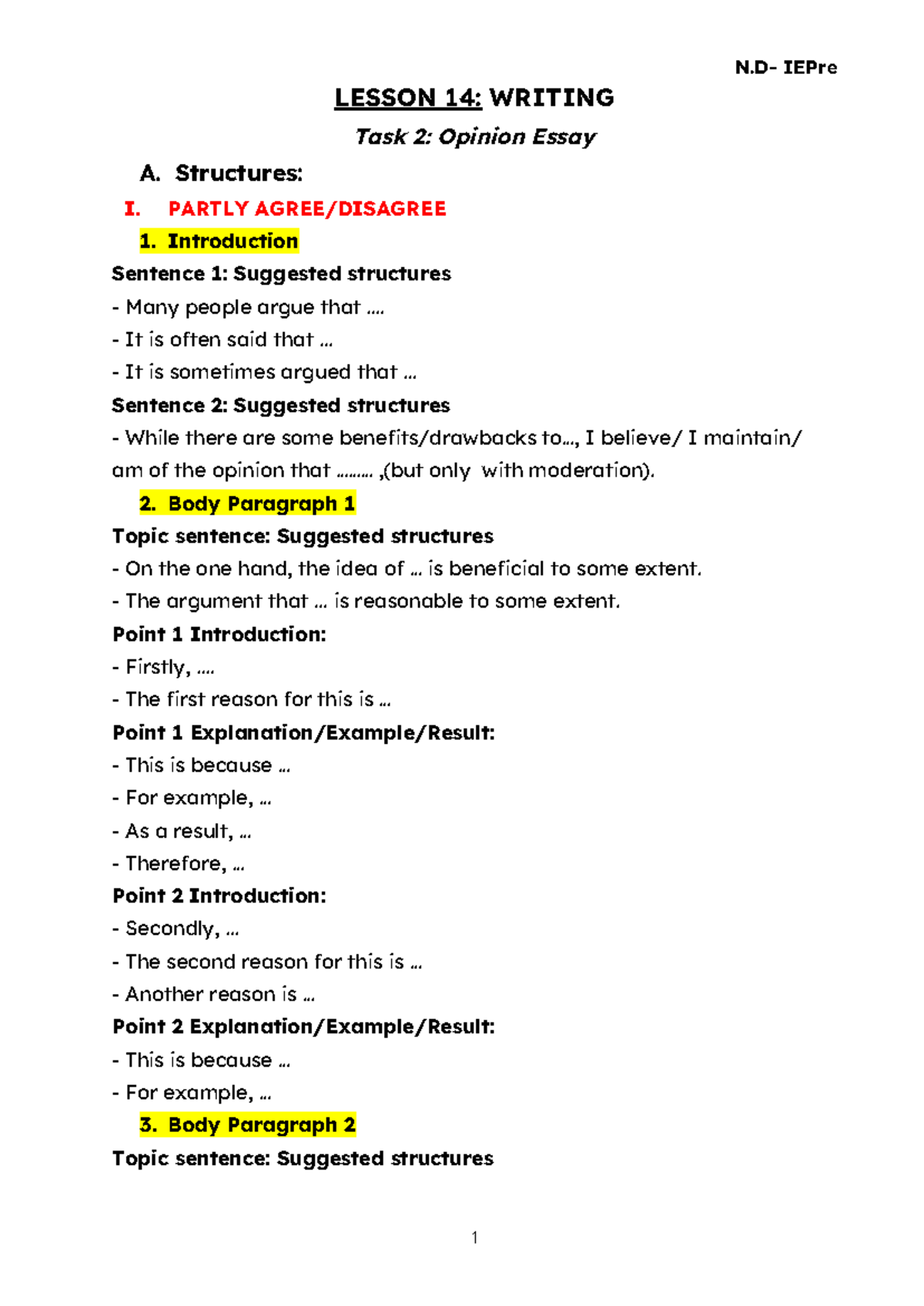 IEPre LESSON 14: Opinion Essay Writing Task 2 Guide - Studocu