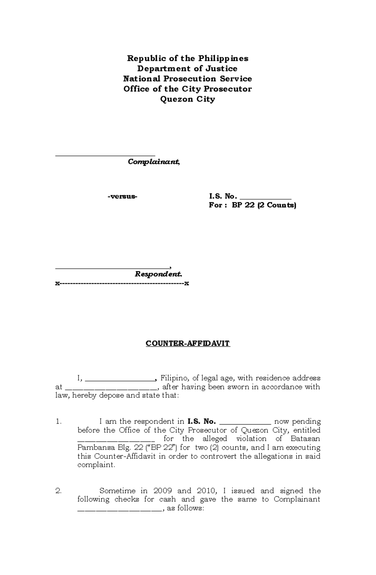 Counter-Affidavit for BP 22 Violation - Respondent's Defense - Studocu