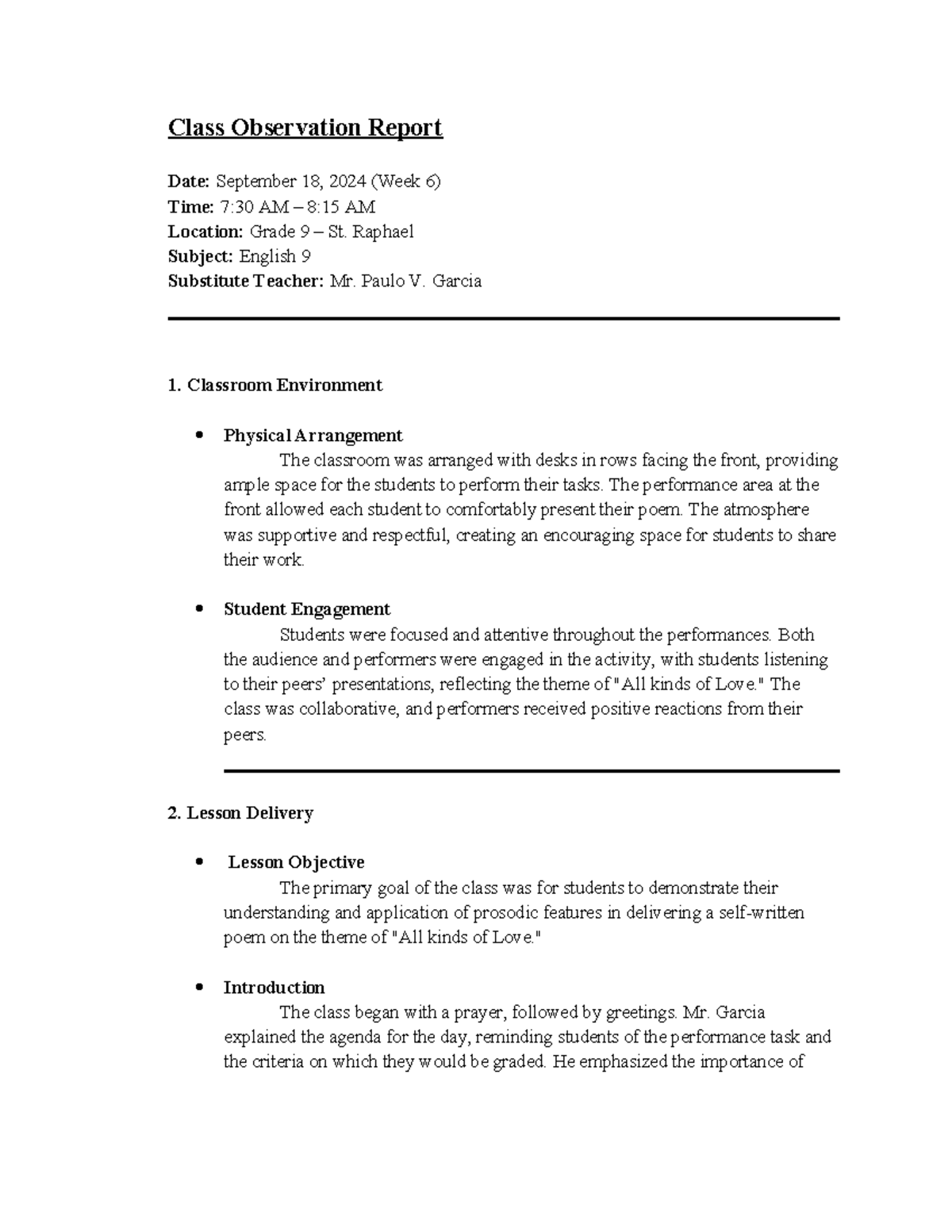 WEEK 6 - COR - Class Observation Reports FS. - Class Observation Report ...