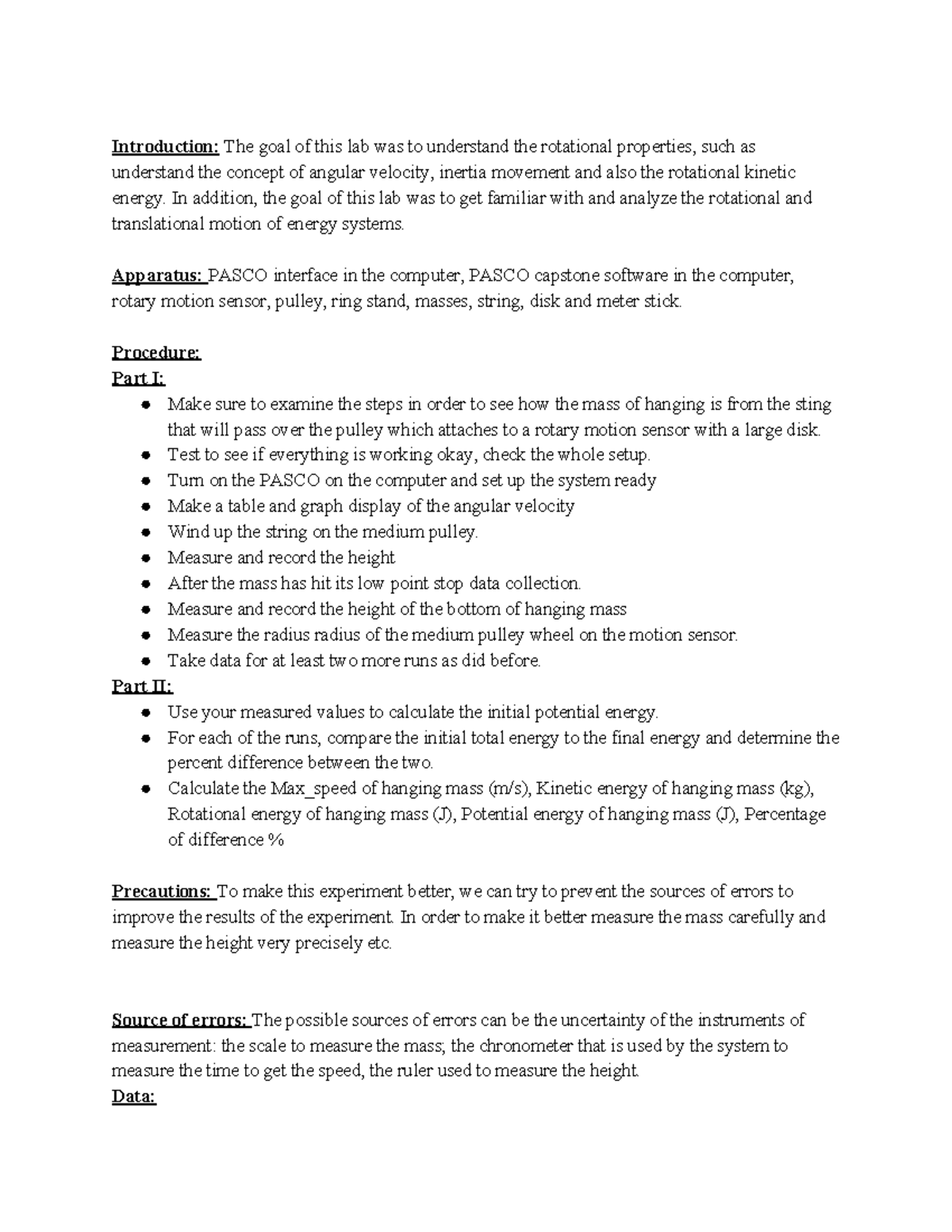 Lab 6: Analysis of Rotational Kinetic Energy and Energy Conservation ...