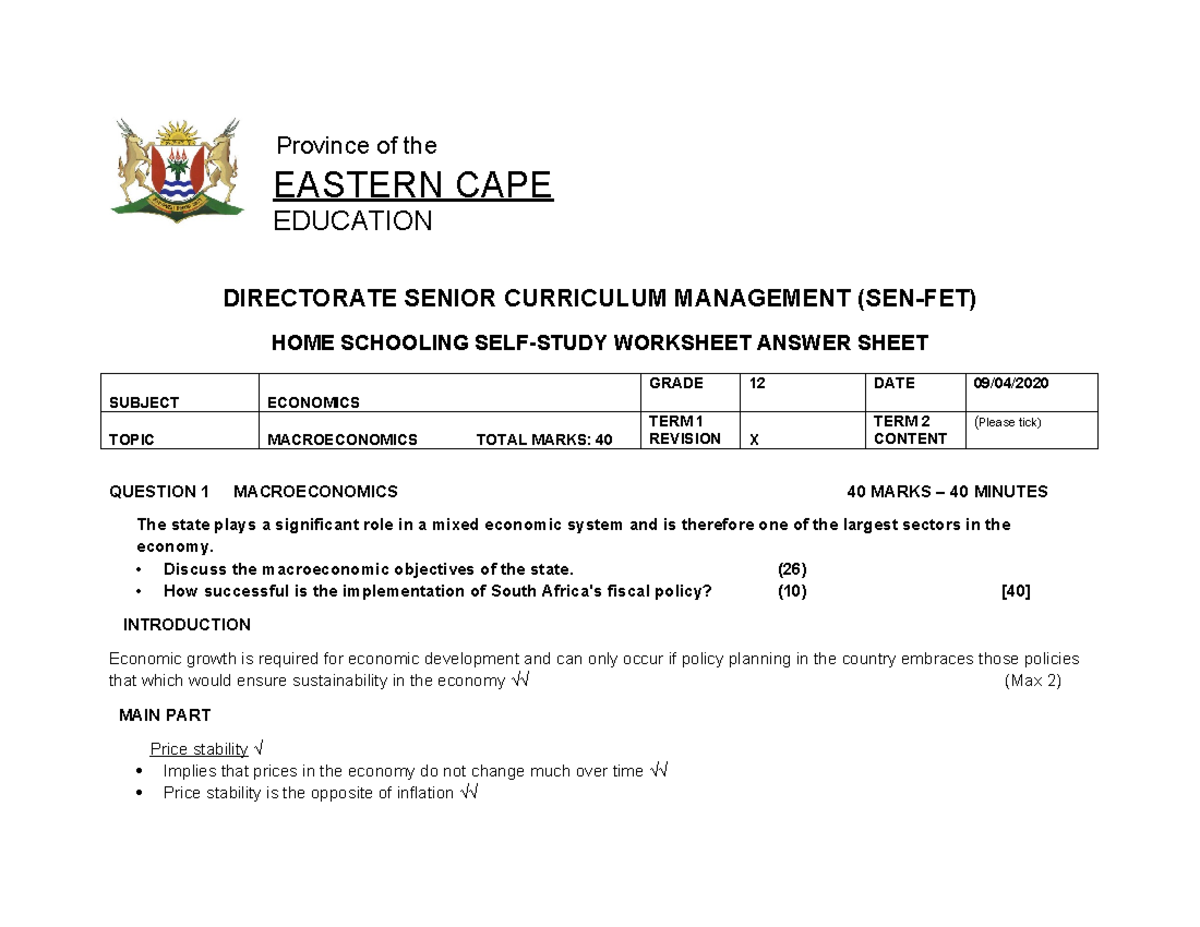 Economics Grade 12 Term 1 Revision Worksheet Answers: Macroeconomics ...