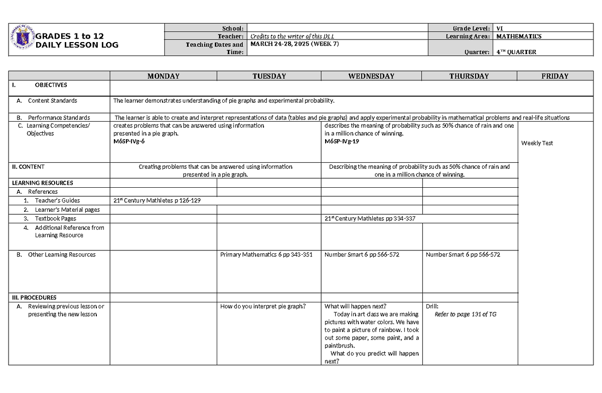 Daily lesson log for Mathematics 6 Q4 W7: Understanding pie graphs and ...