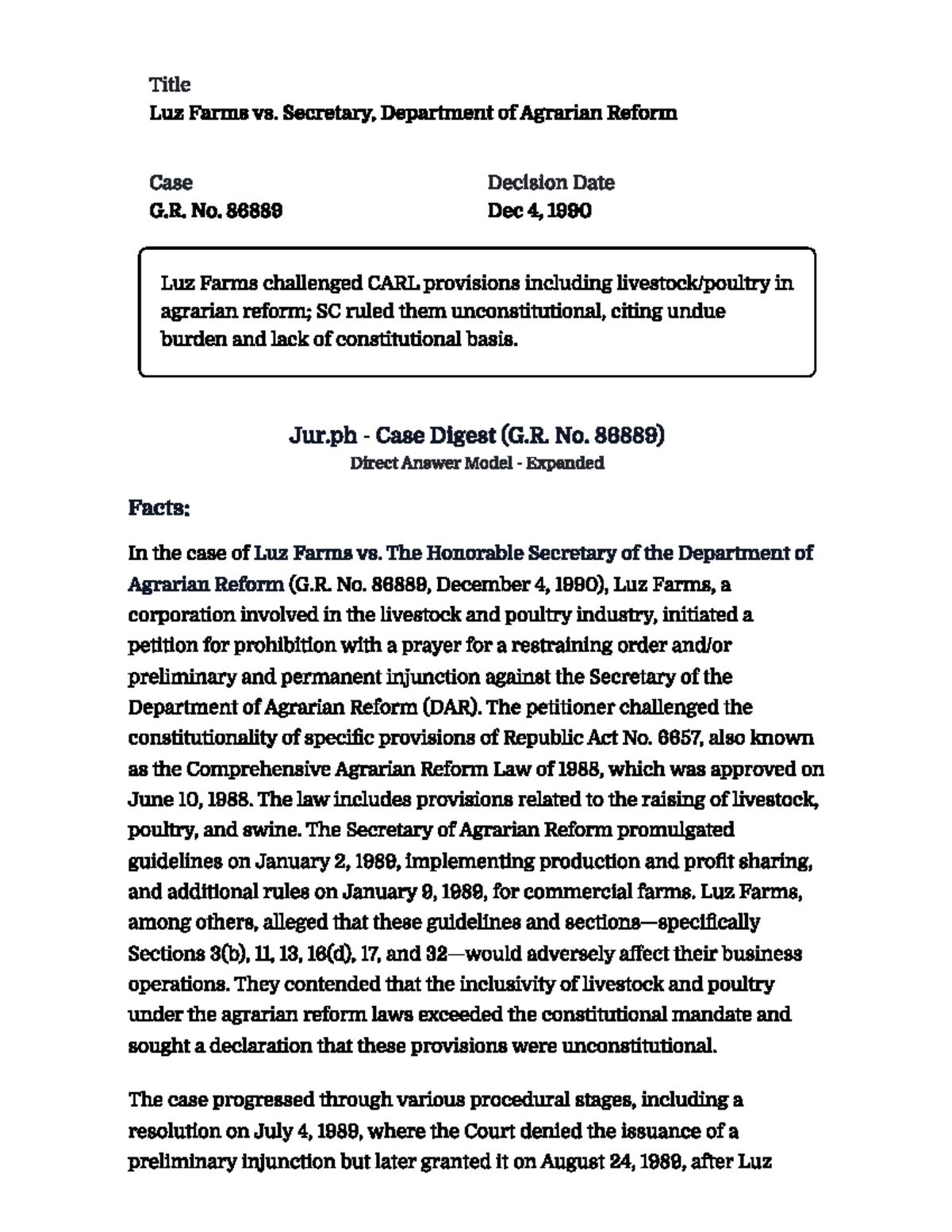 Luz Farms vs. Secretary, DAR Case Digest (G.R. No. 86889) - Studocu