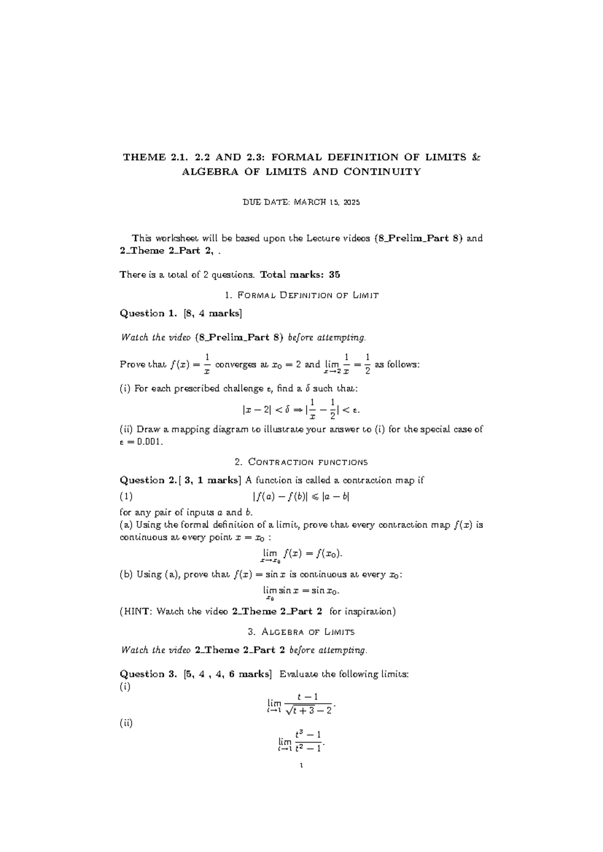 Mat105 Assignment 4 - Limits & Continuity, Due March 15, 2025 - Studocu