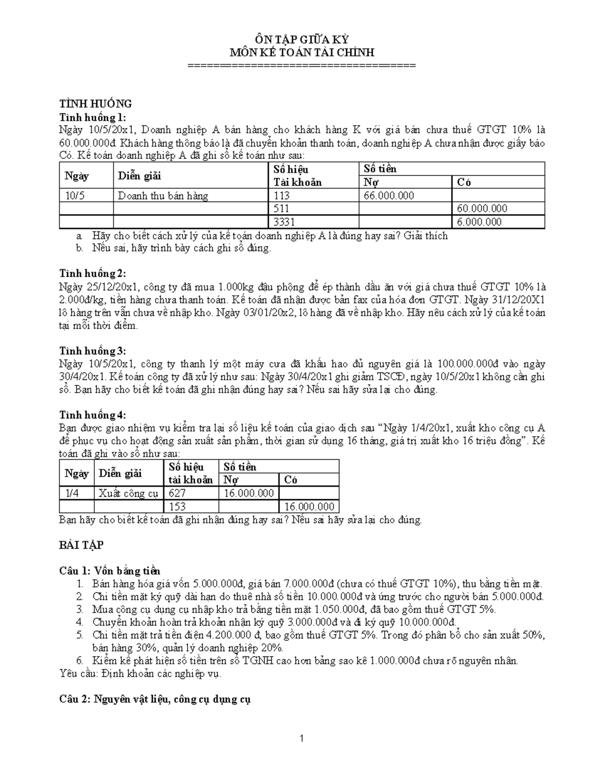 KTTC-ON TAP GIUA KY- dap an - ÔN TẬP GIỮA KỲ MÔN KẾ TOÁN TÀI CHÍNH - Studocu