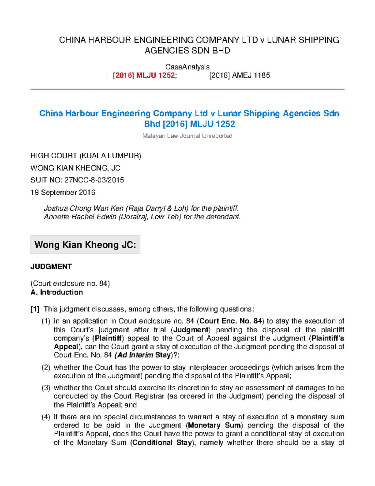 CHINA HARBOUR ENG. CO. LTD v LUNAR SHIPPING AGENCIES Case Study MLJU ...