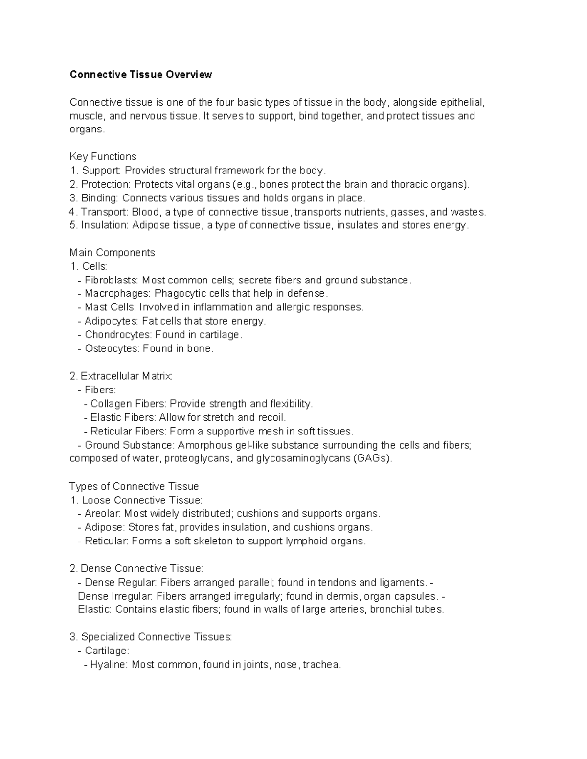 Connective Tissue Notes - Connective Tissue Overview Connective tissue ...