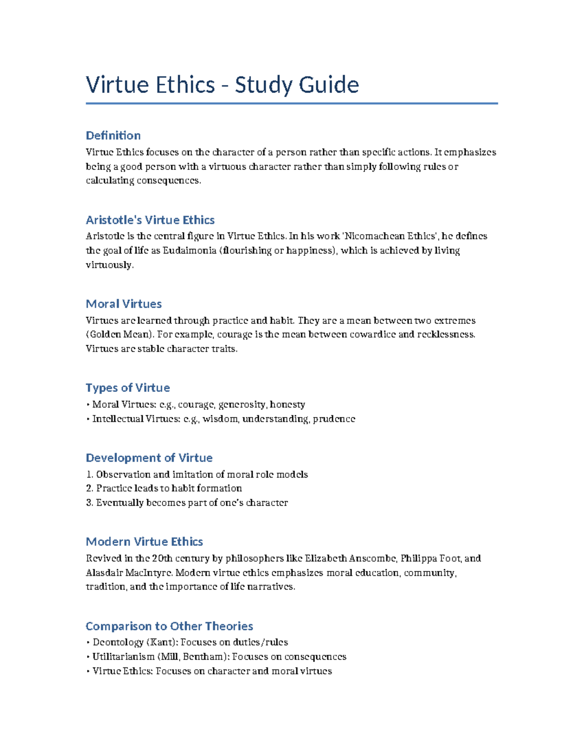Virtue Ethics Study Guide: Key Concepts and Theories - Studocu