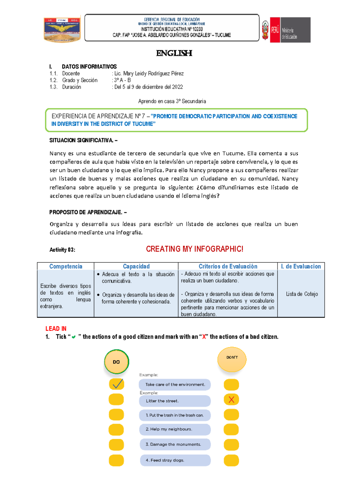 Ficha DE Actividades Nº 22 - 3º Secundaria - English I. DATOS ...