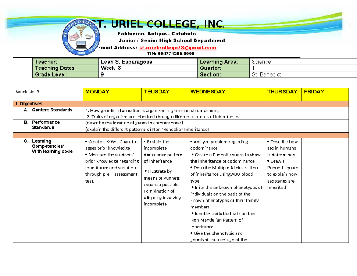 Grade 9 Science Q1 Week 3 - Lesson Materials on Inheritance - Studocu